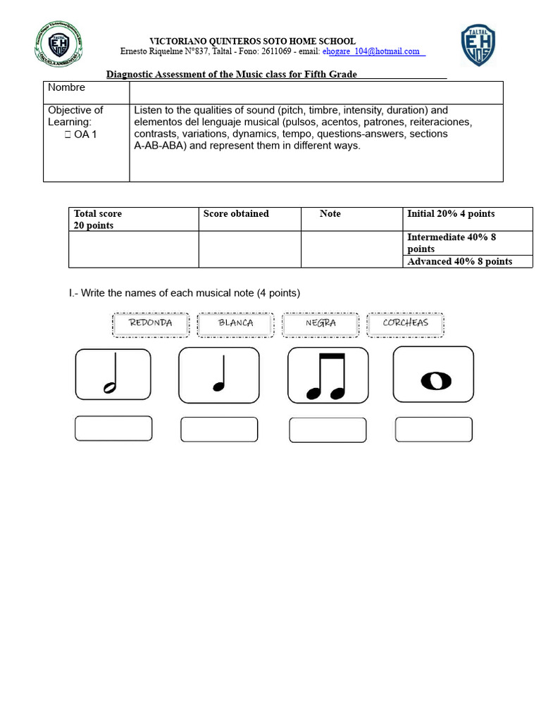 Diagnostic Assessment For The Music Class For Fifth Grade | PDF