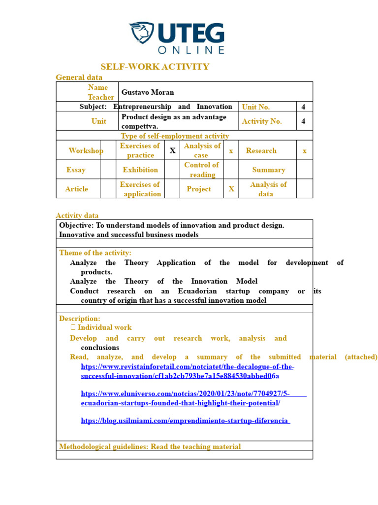 Workshop - Unit 4 Entrepreneurship and Innovation | PDF