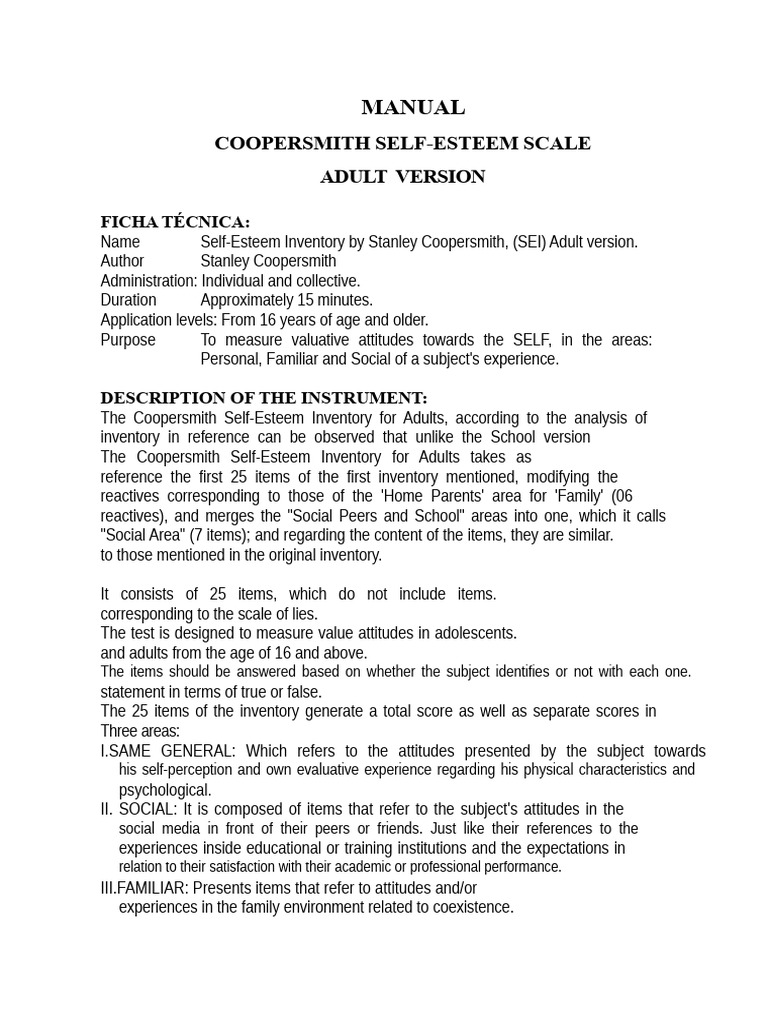 Coopersmith Adults - Manual | PDF | Self Esteem | Validity (Statistics)