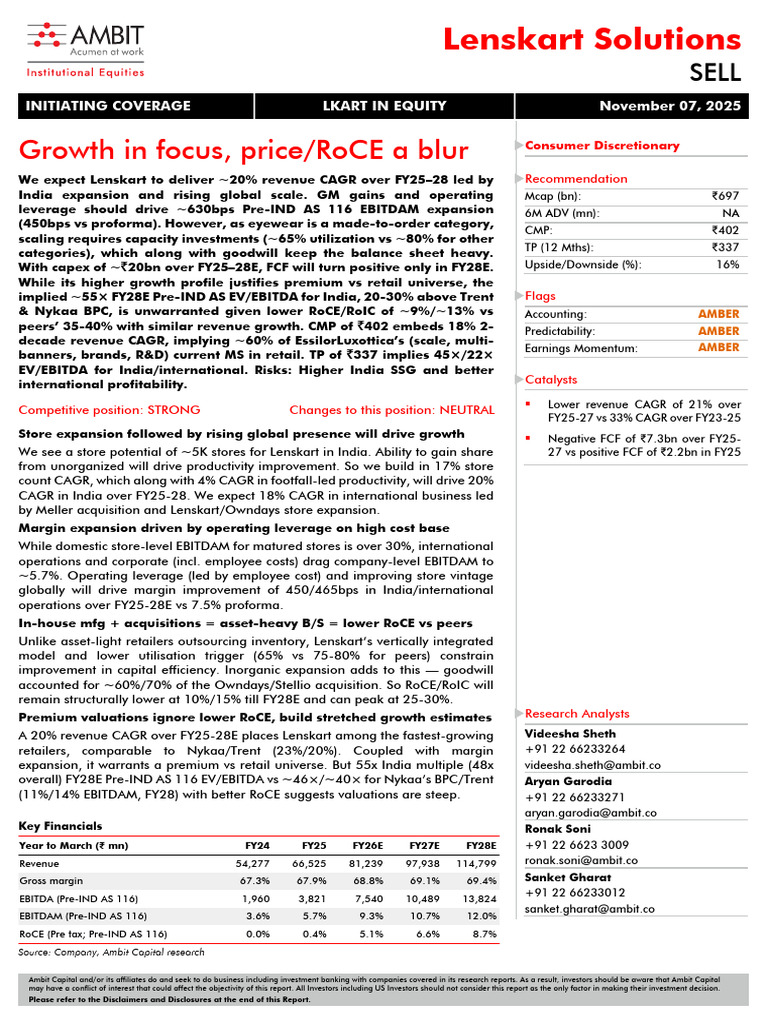 Lenskart Solutions Initiating Coverage | PDF | Retail | Brand