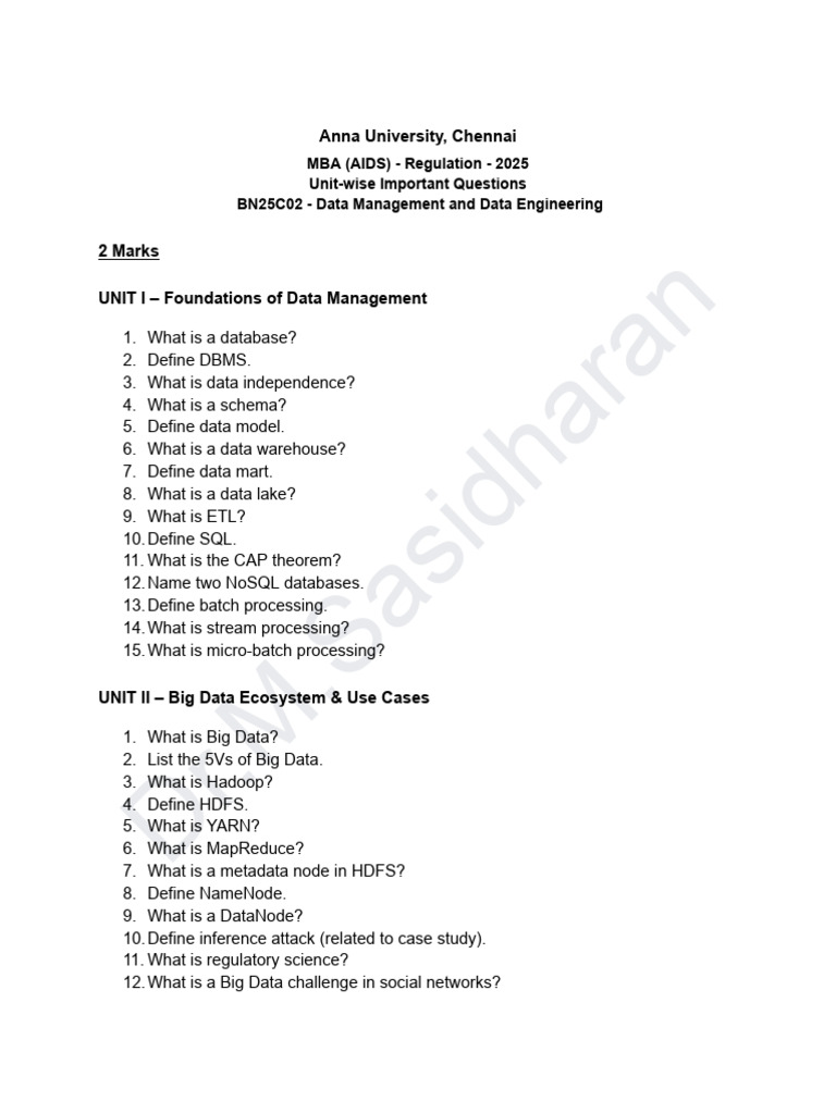 MBA Data Management Questions 2025 | PDF | Apache Hadoop | Databases