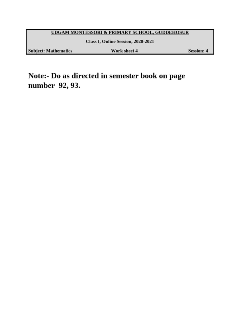 Class I Math Worksheet - UDGAM School | PDF