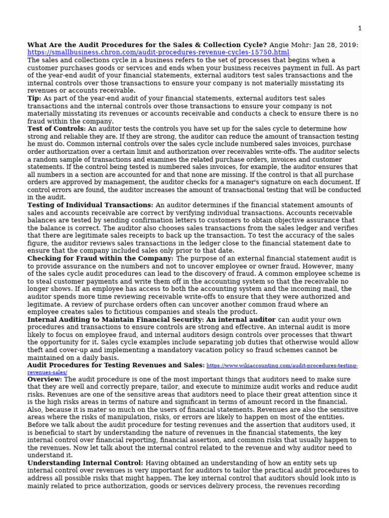 Sales & Collection Cycle Audit Procedures | PDF | Audit | Internal Control