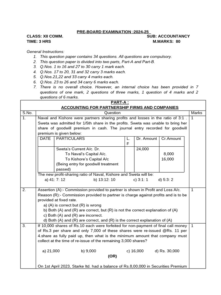 Preboard Class XII Accountancy (1) | PDF | Balance Sheet | Business ...