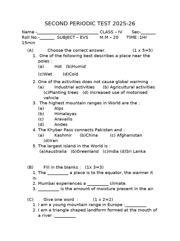 Class 4 Evs Second Periodic Test 2025-26 | PDF | Mountains | Climate Change