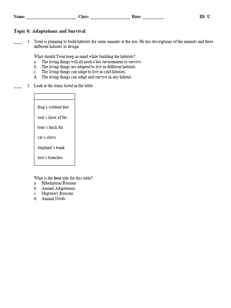 Animal Adaptations and Survival Strategies | PDF | Habitat | Fur