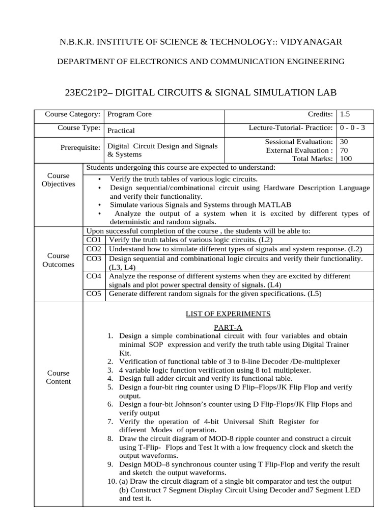 Digital Circuits & Signal Simulation Lab 23 Regulation | PDF | Normal ...
