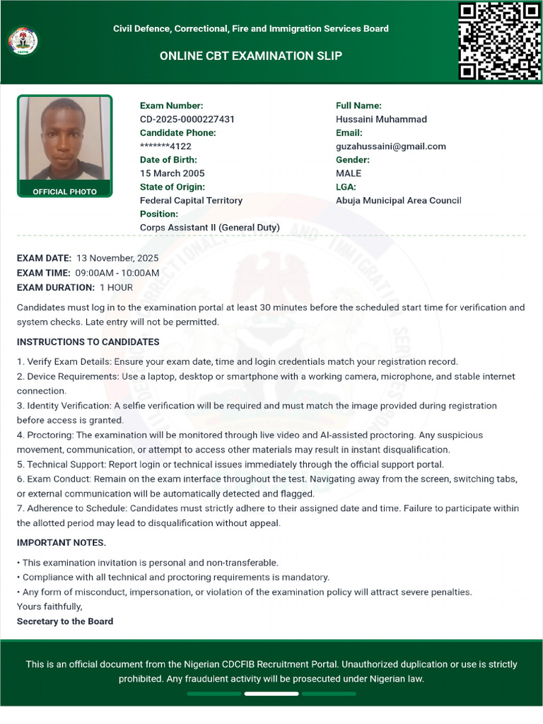 Hussaini Muhammad Application Slip | PDF