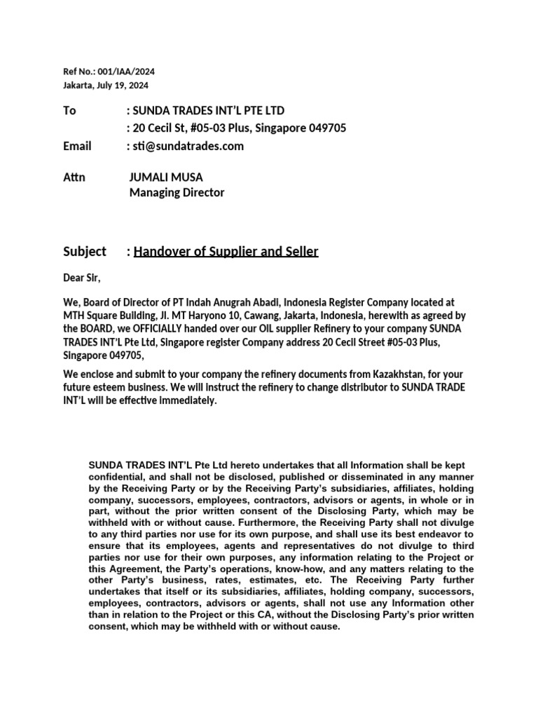 Supplier Handover Agreement Document | PDF