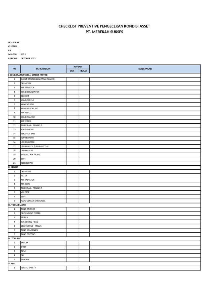 Checklist Preventif Kondisi Aset 2025 | PDF