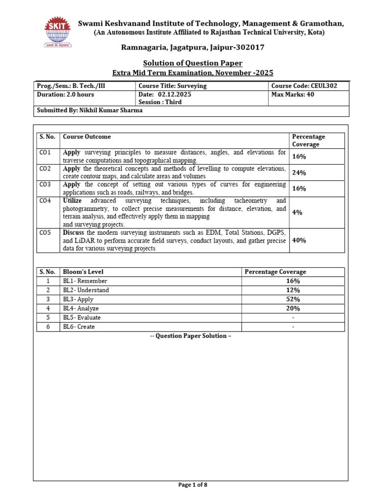 Extra Mid Term Solution | PDF | Surveying | Geographical Technology