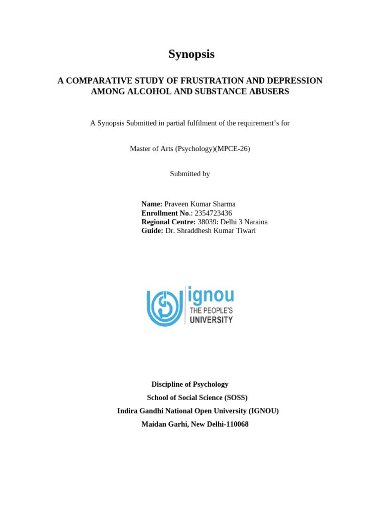 MAPC Synopsis For Depression and Frustration Study On Alcohol and ...