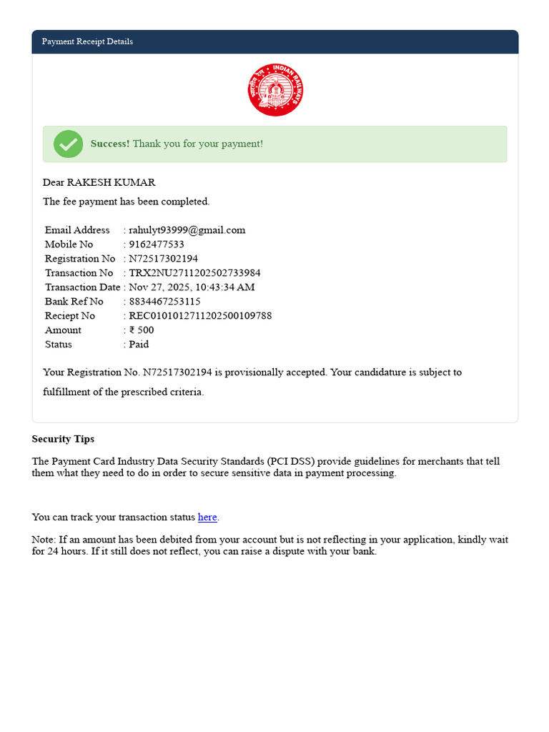 Rrbapply - Gov.in # Pscexamservice Payment-Receipt Successful V1 | PDF