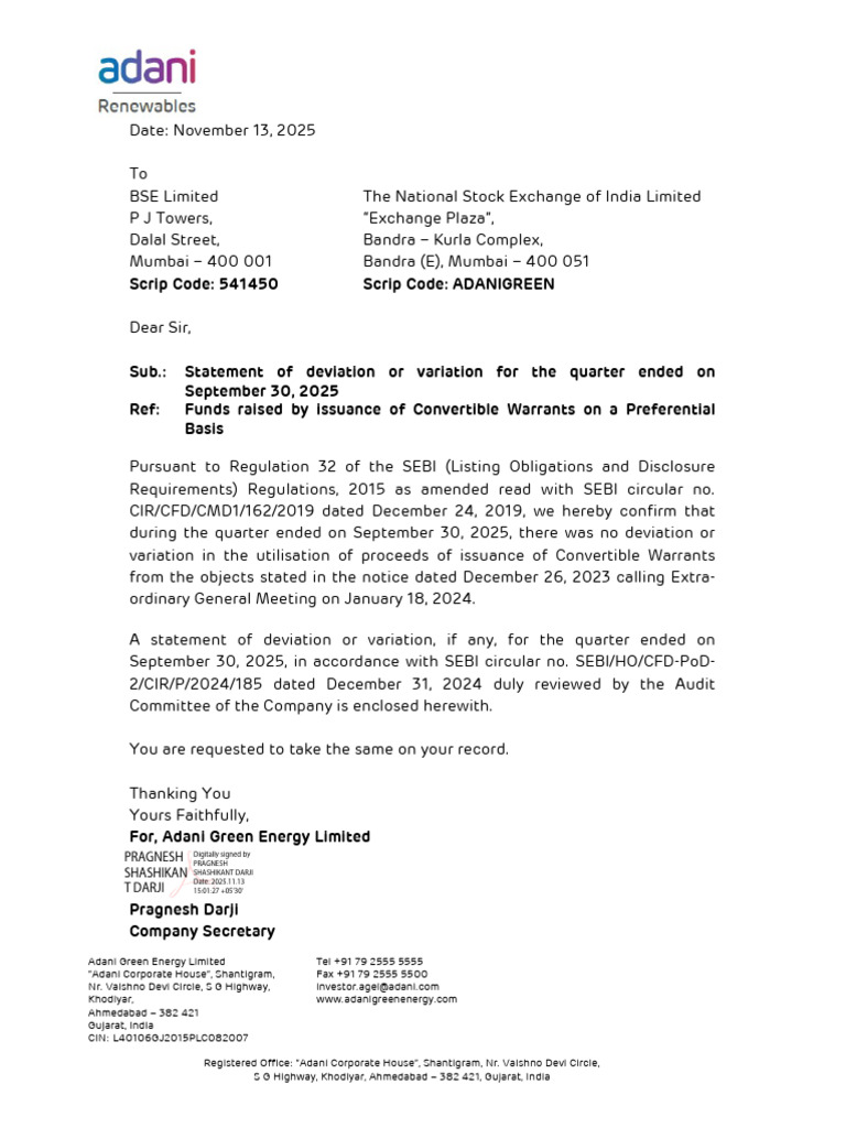 ADANIGREEN 13112025151717 Statement of Deviation AGEL 30092025 | PDF ...