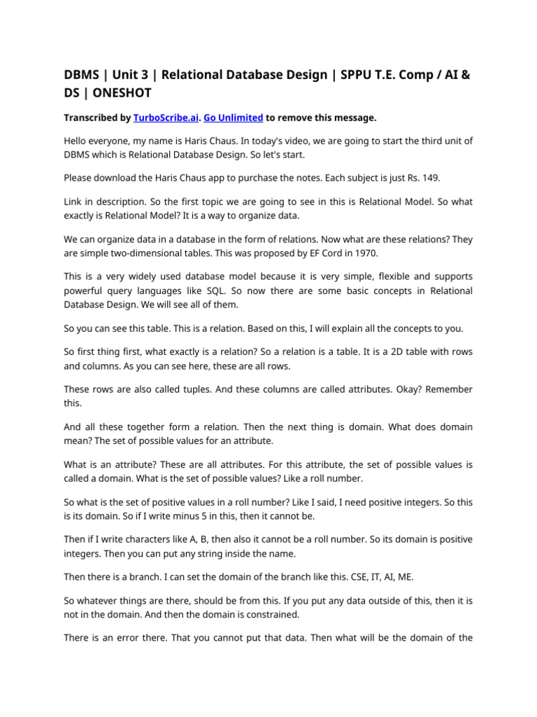 DBMS - Unit 3 - Relational Database Design - SPPU T.E. Comp - AI & DS - ONESHOT | PDF ...