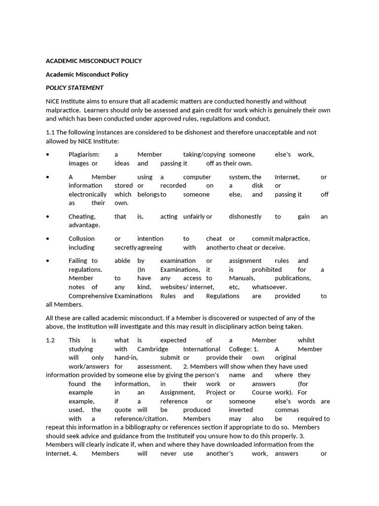 Academic Misconduct Policy | PDF | Academic Dishonesty