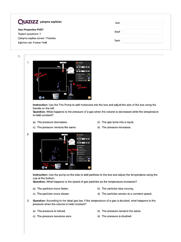 Boyles Law Worksheet - Gas Properties Simulation (Phet) | PDF