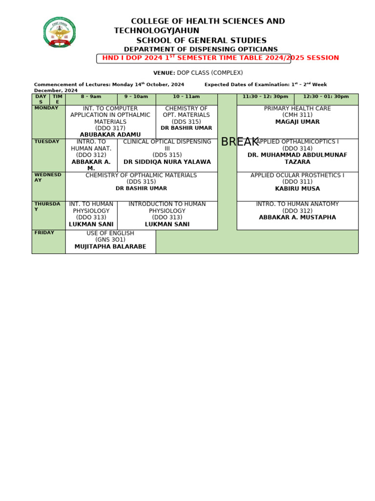 HND Dop 2024 1st Sem Time Table | PDF