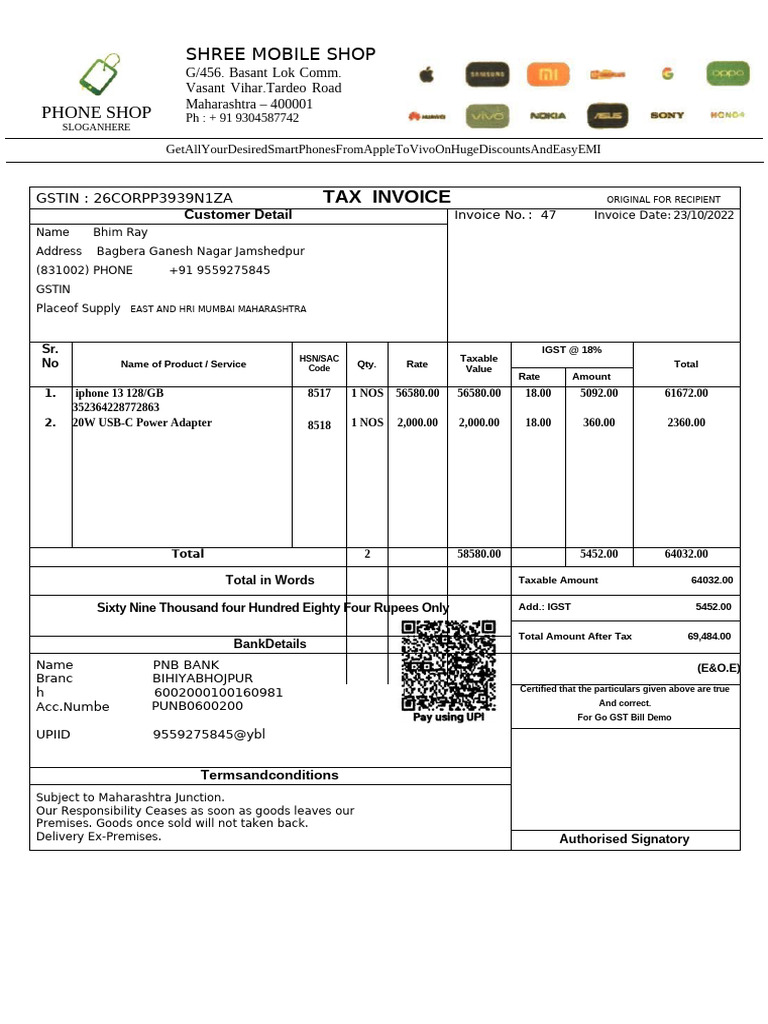 Mobile Shop Invoice for iPhone Purchase | PDF | Sales | Payments