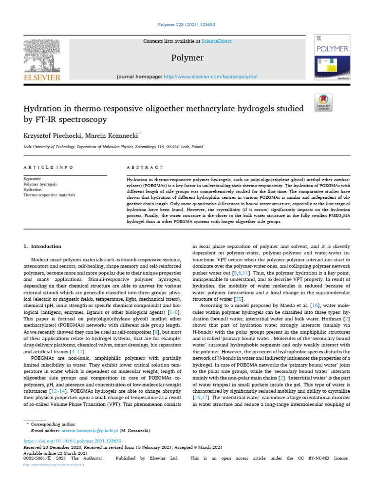 Hydration in Thermo Responsive Oligoether Methacrylate Hydrogels S 2021 ...