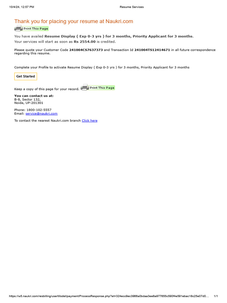 Naukri.com Resume Services Confirmation | PDF