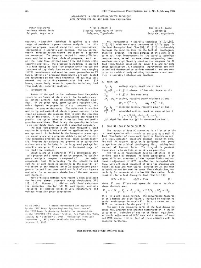 Sparse Matrix Techniques for Load Flow | PDF | Mathematical Physics ...