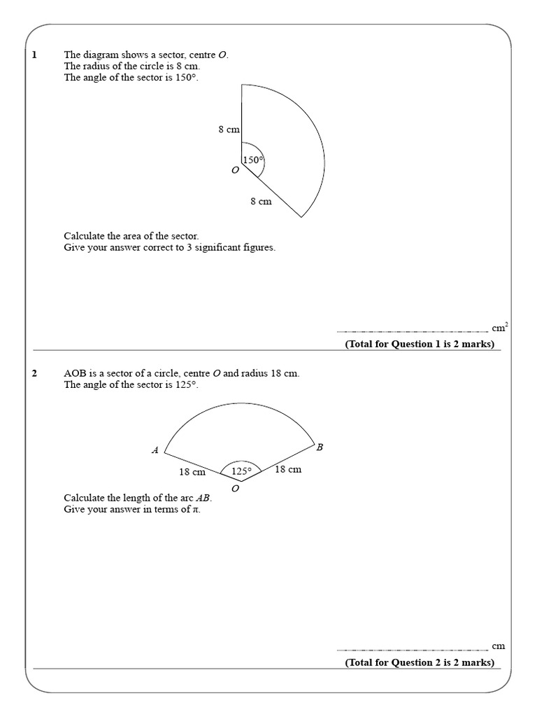 WS - Arc Length and Area of Sector (Exam Style Questions) | PDF | Area ...