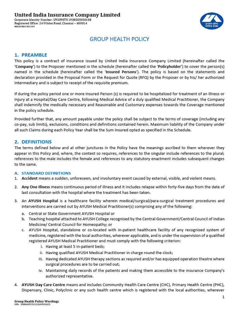 United India Group Health Policy Details | PDF | Intensive Care Unit ...