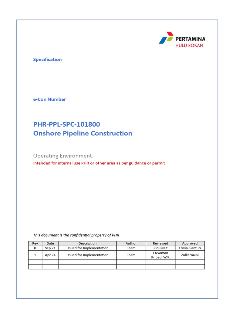 PHR PPL SPC 101800 Onshore Pipeline Construction | PDF | Pipe (Fluid ...