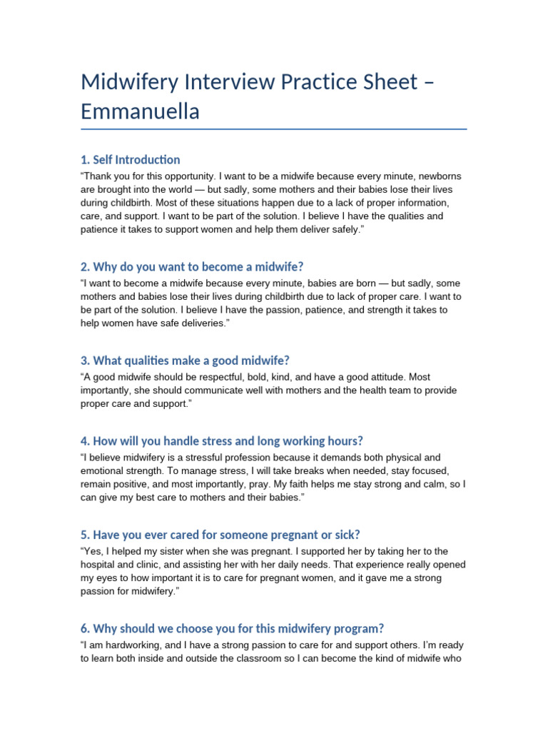 Midwifery Interview Practice Emmanuella-1 | PDF