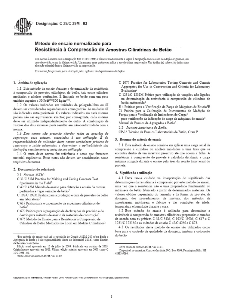 ASTM C 39-C 39M-03 Método de Ensaio Padrão Para Resistência à Compressão de Amostras Cilíndricas ...