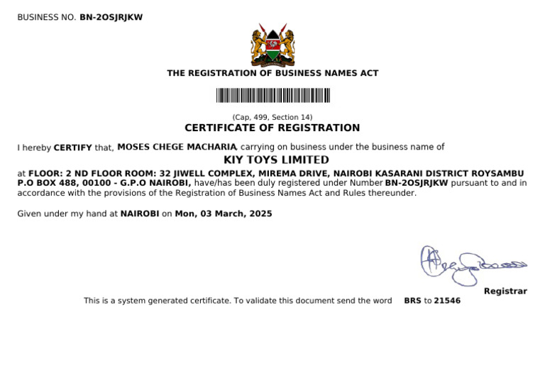 Kiy Toys Limited Registration Certificate | PDF