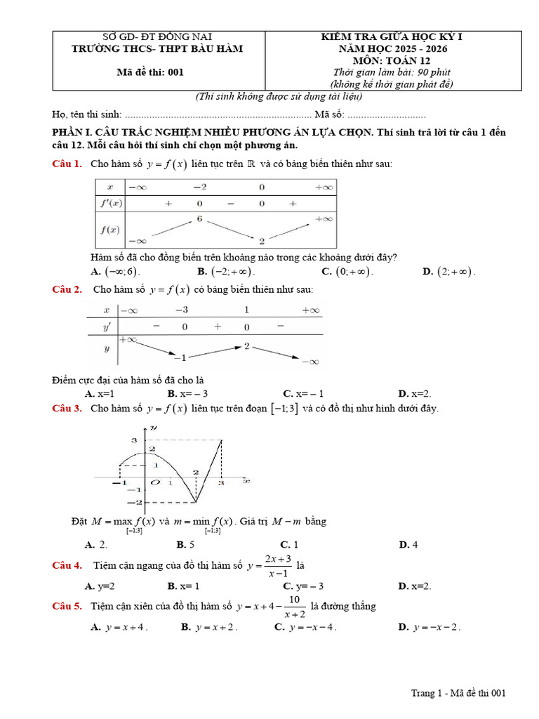 De Giua Ky 1 Toan 12 Nam 2025 2026 Truong Thcs THPT Bau Ham Dong Nai - Compressed | PDF