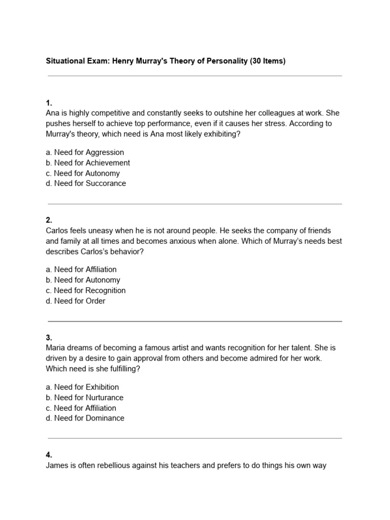 Situational Exam on Murray's Personality Theory | PDF | Aggression ...