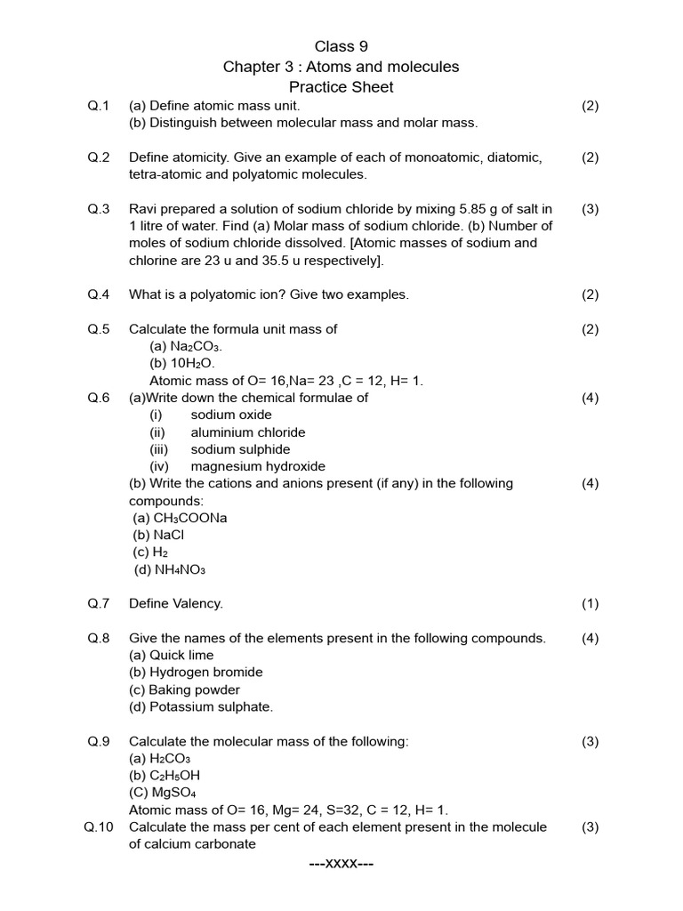 Class 9 Atoms and Molecules Practice Sheet | PDF