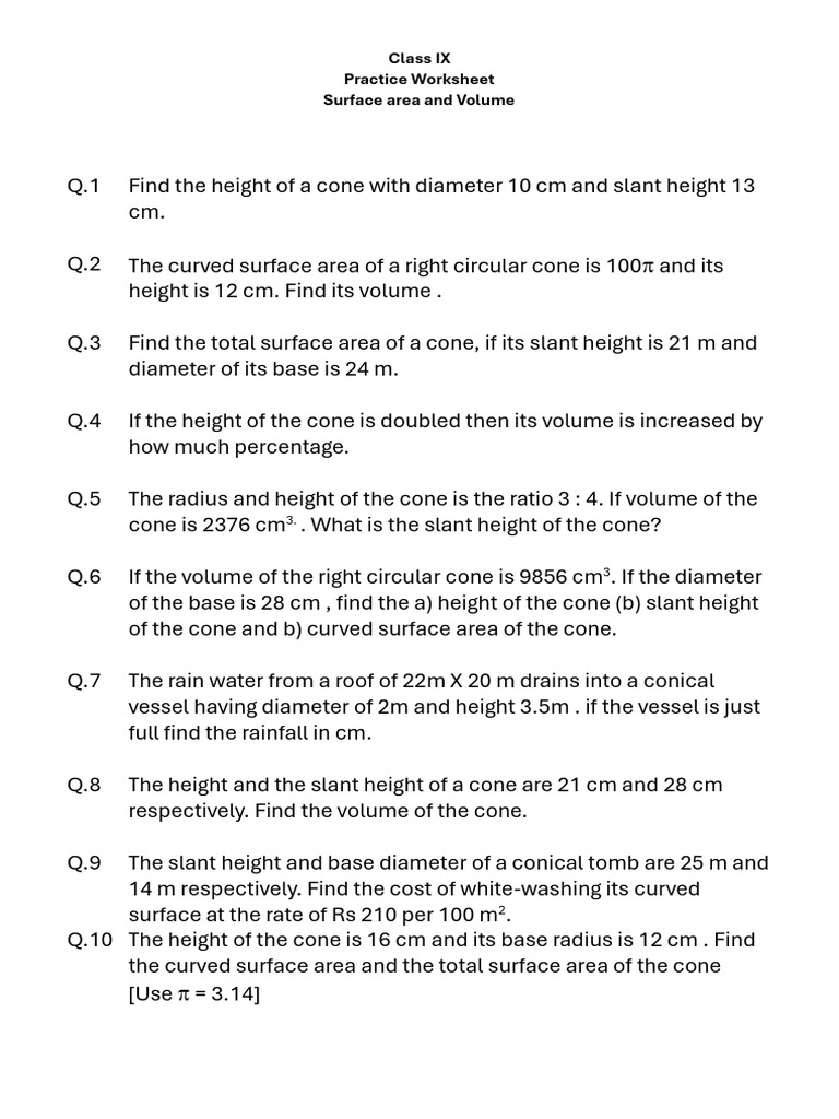 Cone Surface Area and Volume Problems | PDF