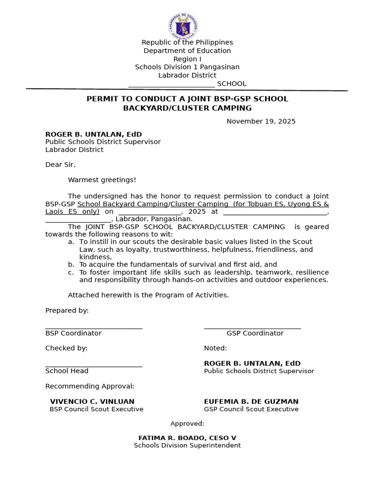 Permit To Conduct A Joint BSP GSP School Backyard Camping | PDF