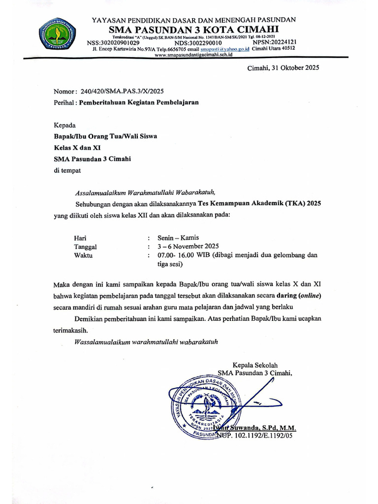 Surat Pemberitahuan Kegiatan Mengajar | PDF