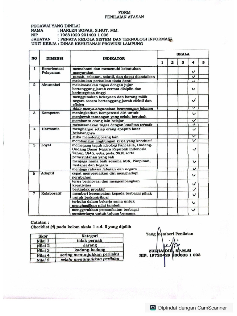 Form Penilaian Atasan - Harlen Sopar - Dishut | PDF