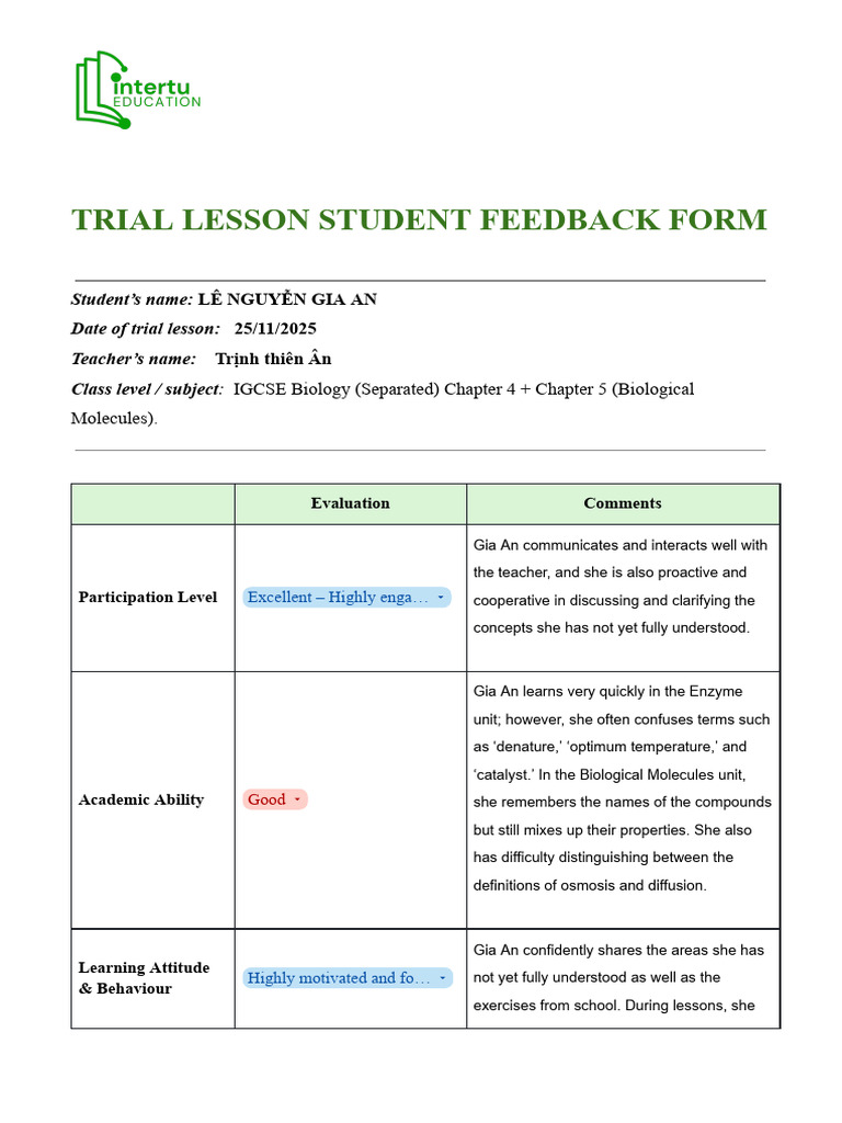 Trial Lesson Student Feedback Form - Lê Nguyễn Gia An | PDF | Biology ...