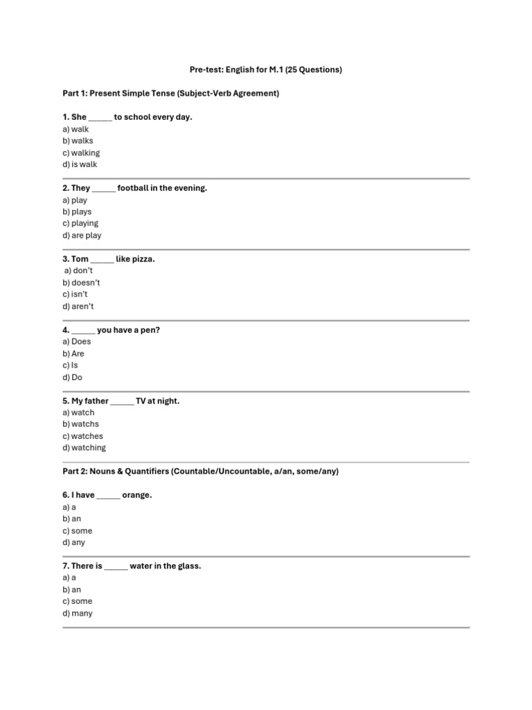 English Pre-Test for M.1 Students | PDF