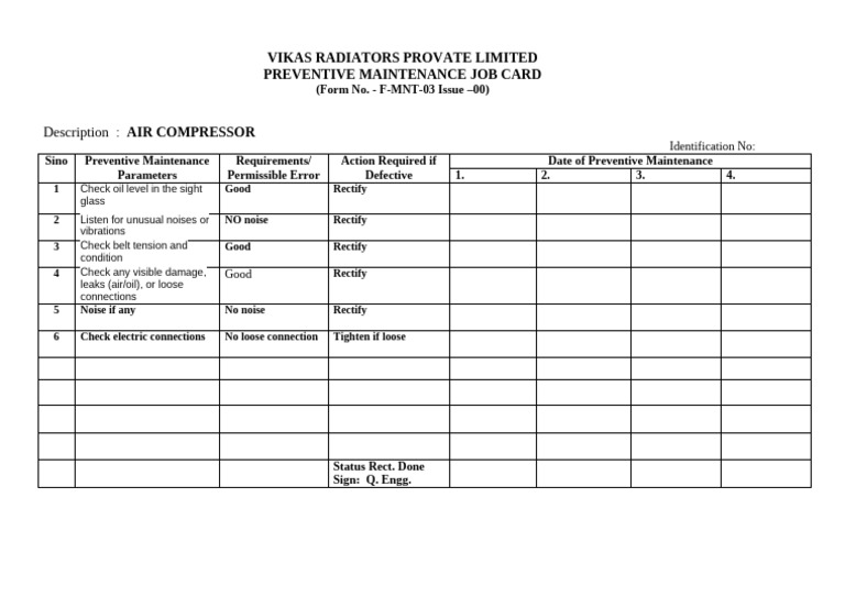 Air Compressor Maintenance Checklist | PDF