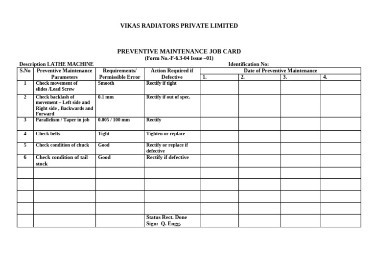 Lathe Machine Maintenance Checklist | PDF