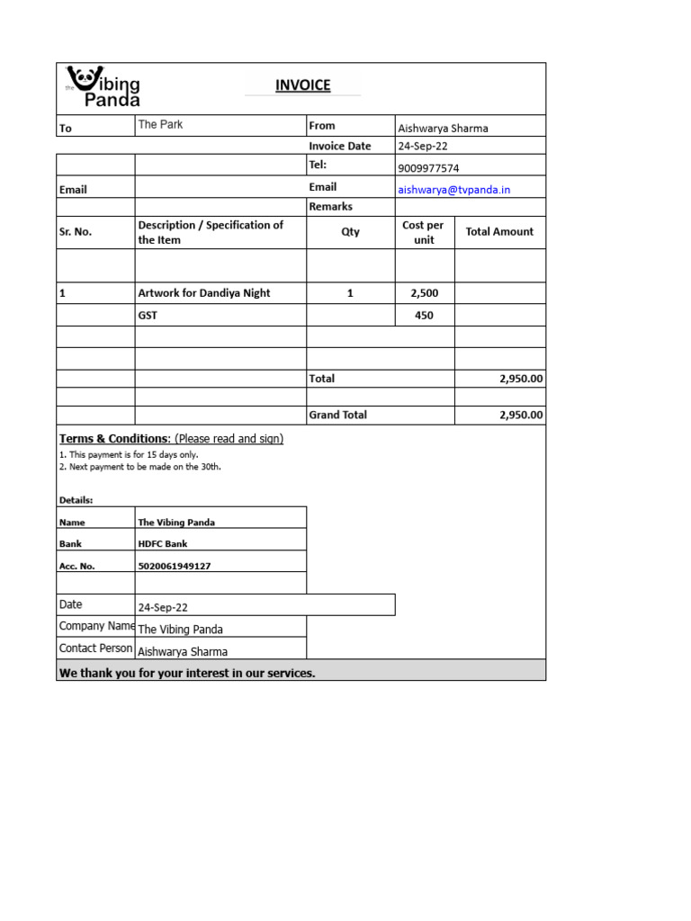 Invoice - THE PARK - XLSX - Quotation | PDF