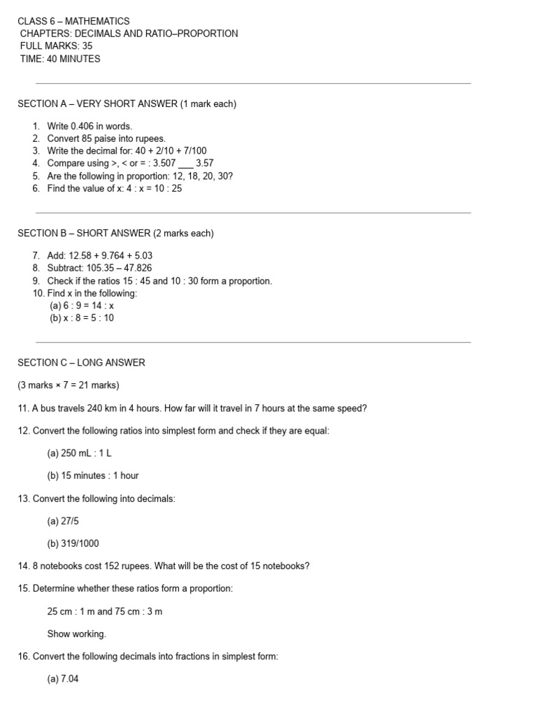 Class 6 - Mathematics Test | PDF