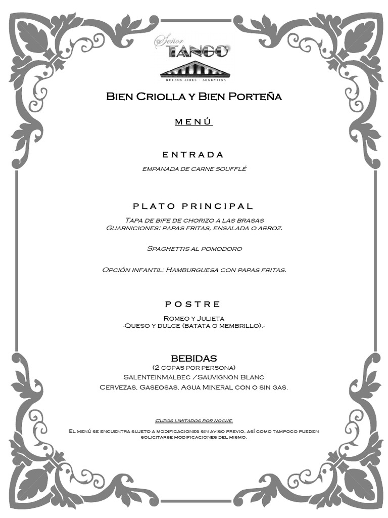 Menú de Bien Criolla y Bien Porteña | PDF