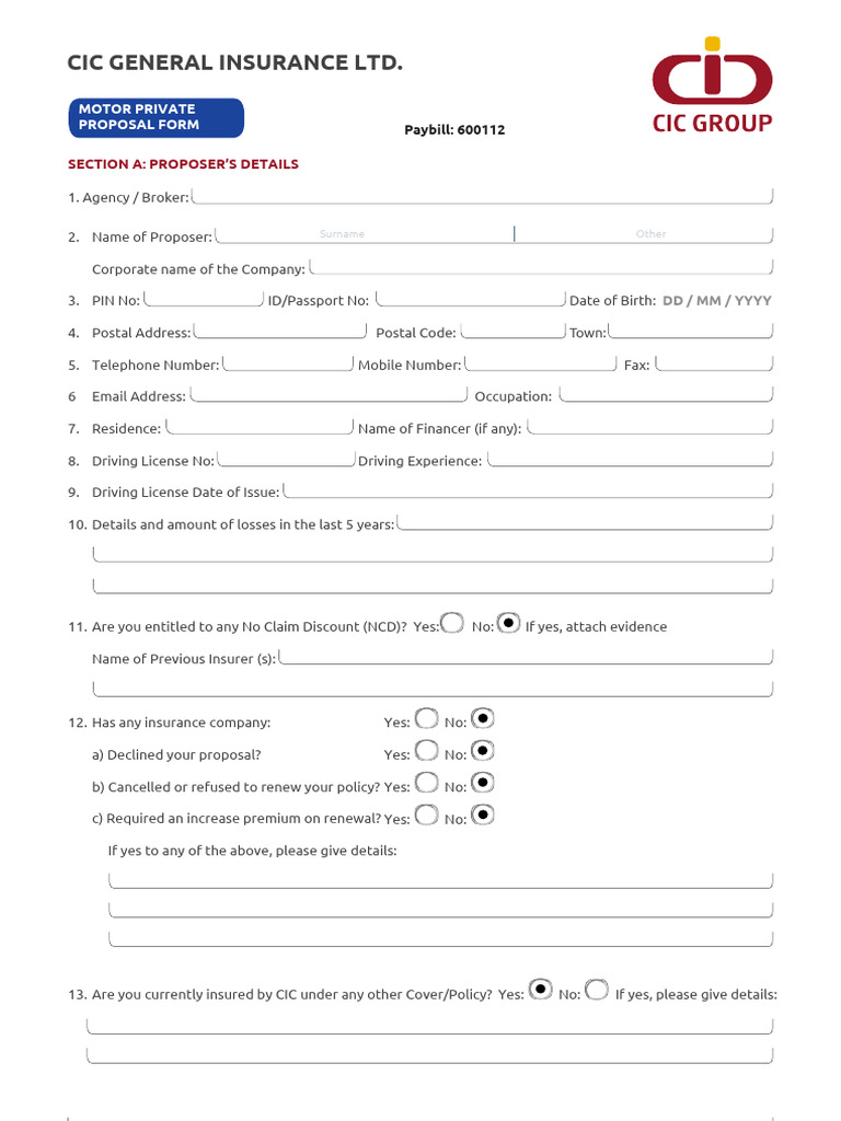 Motor Private Insurance Proposal Form | PDF | Insurance | Vehicles