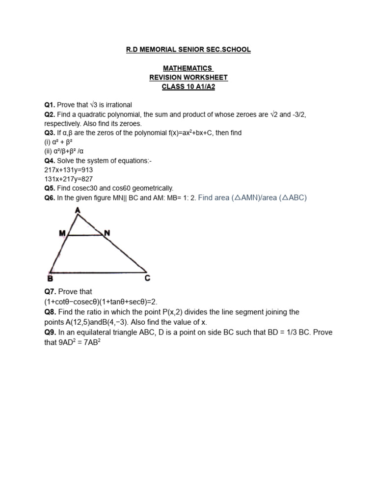 Class 10 A1/A2 Math Revision Worksheet | PDF