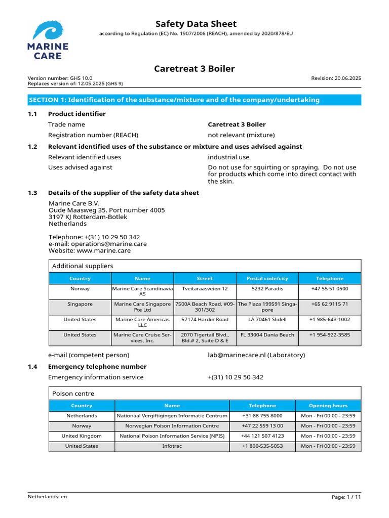 Caretreat 3 Boiler Safety Data Sheet | PDF | Workplace | Working Conditions