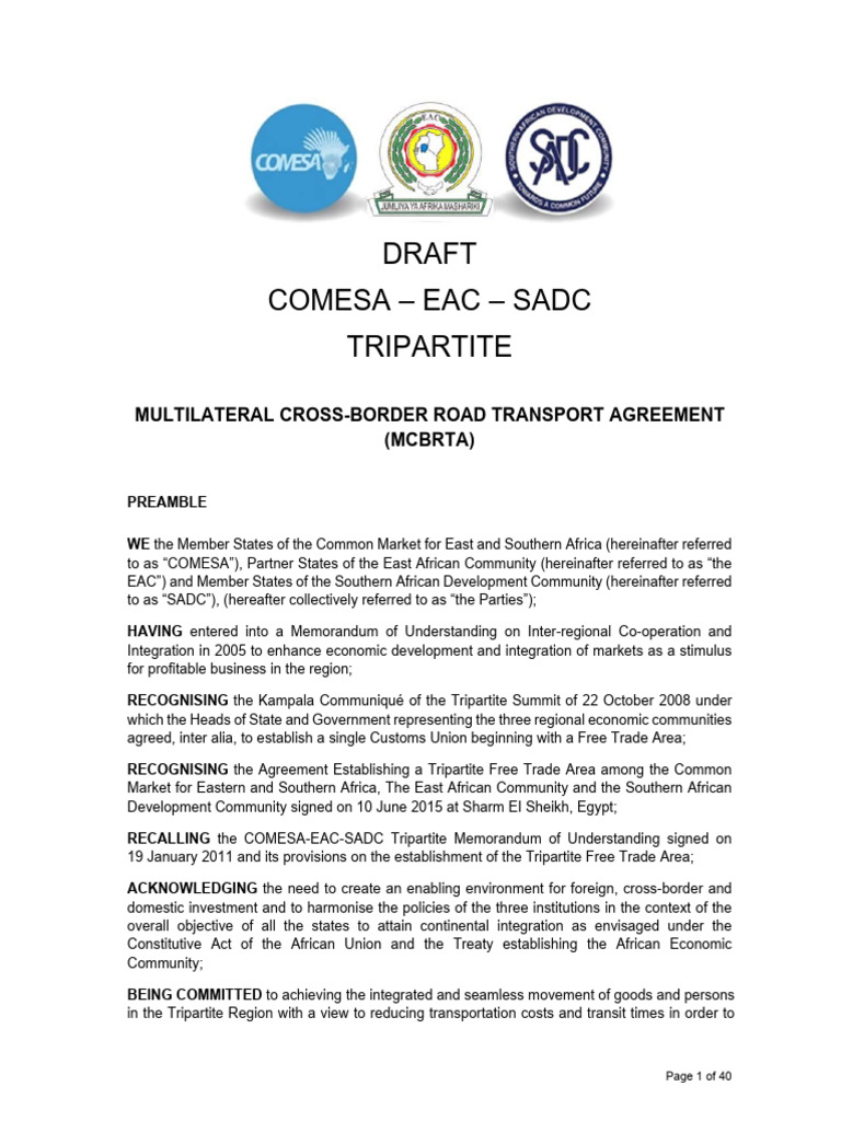 Draft Multilateral Cross-Border Road Transport Agreement (MCBRTA) Rev6 ...